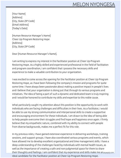 Cover Letter For Facilitator Lazyapply