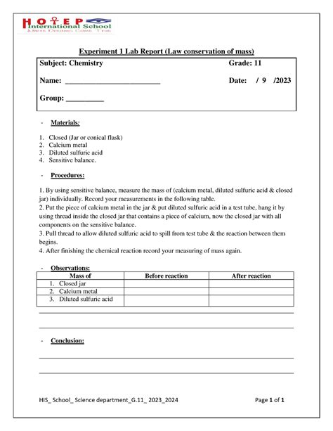 Law Of Conservation Of Mass Experiment His School Science Departmentg 20232024 Page 1 Of