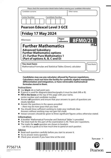 pearson edexcel level 3 gce further mathematics advanced subsidiary