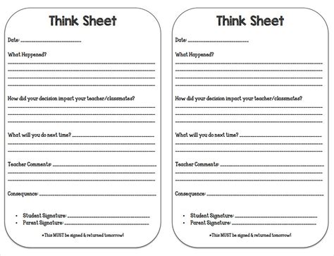 √ Printable Behavior Reflection Sheet Template
