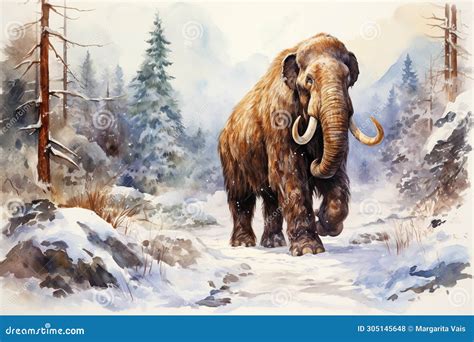 Watercolor Prehistoric Woolly Mammoth Walking In A Winter Snowy Forest