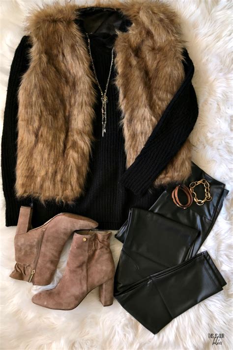 Black Faux Leather Leggings With Black Sweater And Faux Fur Vest