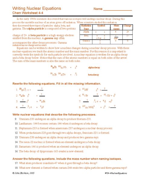 Writing Nuclear Equations Chem Worksheets 4 4