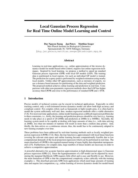 PDF Local Gaussian Process Regression For Real Time Online Model Learning And Control