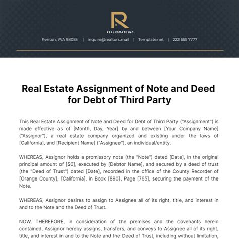 Free Real Estate Assignment Of Note And Deed For Debt Of Third Party