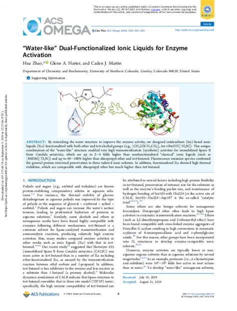 Pdf Water Like” Dual Functionalized Ionic Liquids For Enzyme Activation