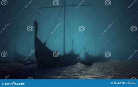 Wikinger Schiffe Im Blauen Nebel Stock Abbildung Illustration Von
