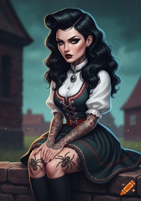 A Gothic Pin Up Woman With Black Hair Elaborate Arm Tattoos And