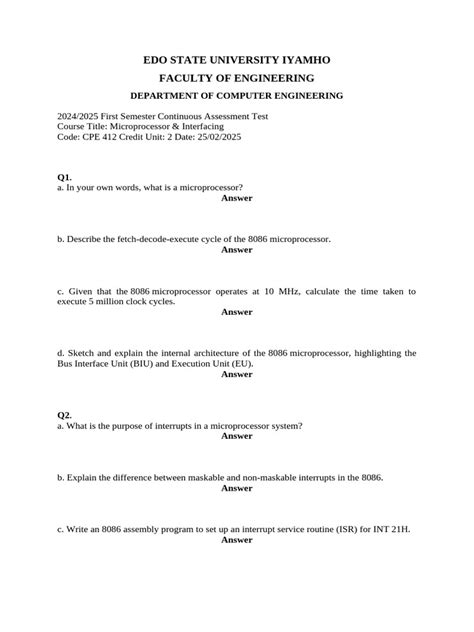 Microprocessor And Interfacing Test Cpe 412 Pdf Microprocessor Computer Memory