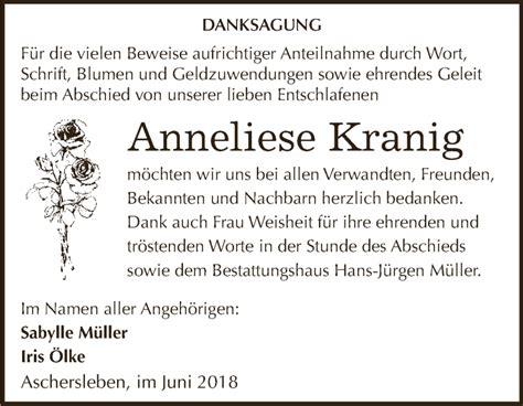 Traueranzeigen Von Anneliese Kranig Abschied Nehmende