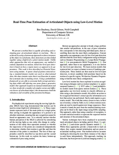 Pdf Real Time Pose Estimation Of Articulated Objects Using Low Level Motion