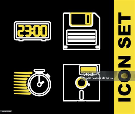 플로피 디스크 525 인치 스톱 워치 및 디지털 알람 시계 아이콘을 설정 합니다 벡터 다중 색상에 대한 스톡 벡터 아트 및 기타