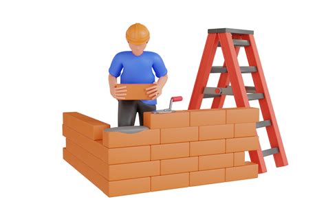 3d Illustration Of Builder Making Brick Wall Builder Laying Bricks On Construction Site