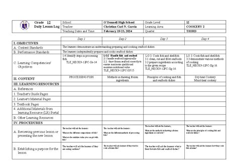 DLL Format Feb 19 23 Sample Dll Format Grade 12 Daily Lesson Log Babe ODonnell High
