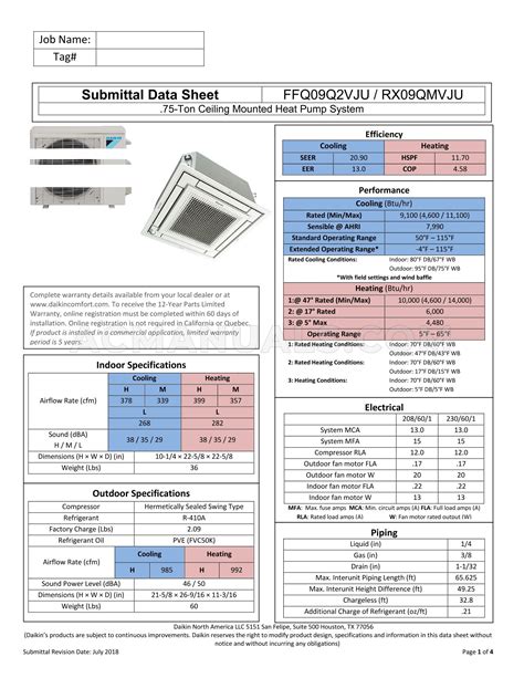 Daikin 1316560 Spec Sheet