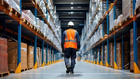 Rear View Of A Warehouse Worker Or Storekeeper Walking Through A Warehouse Stock Footage