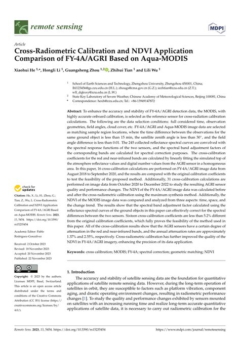 Pdf Cross Radiometric Calibration And Ndvi Application Comparison Of Fy 4aagri Based On Aqua