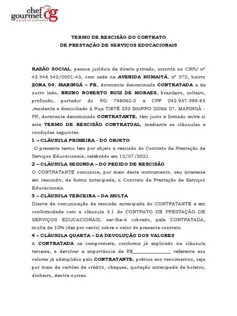 Termo De Rescisão Do Contrato De Prestação De Serviços Educacionais