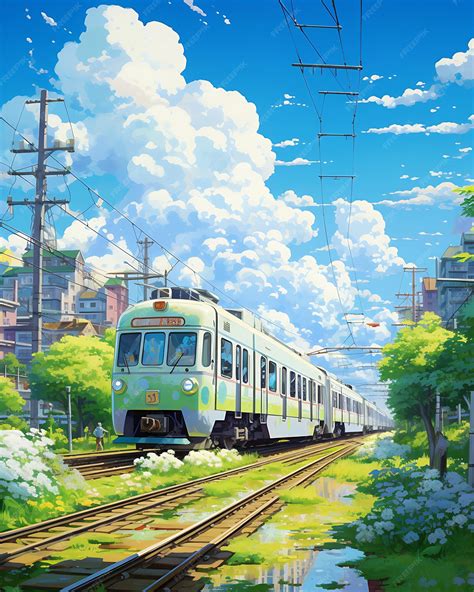 Anime Train On Green Countryside Tracks Premium Ai Generated Image