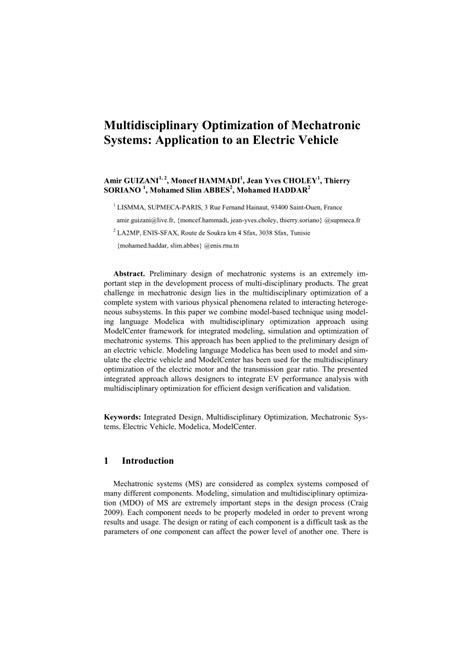 Pdf Multidisciplinary Optimization Of Mechatronic Systems Application To An Electric Vehicle