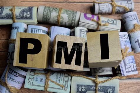Concept Word Pmi On Wooden Blocks On A Wooden Table With Dollar Bills