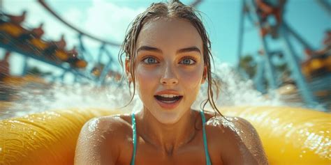Excited Young Caucasian Female Enjoying Waterpark Adventure On A Sunny