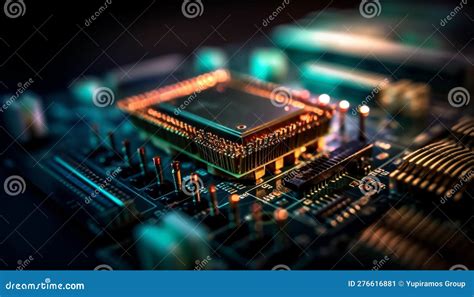 Complex Circuit Board With Glowing Semiconductor And Soldered