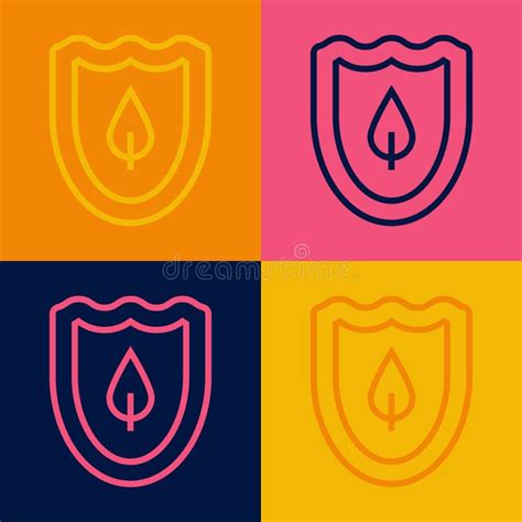Pop Art Line Shield With Leaf Icon Isolated On Color Background Eco