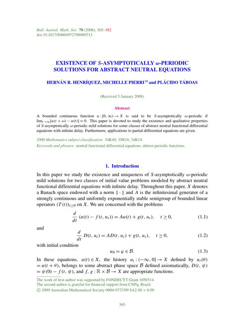 Pdf Existence Of S Asymptotically ω Periodic Solutions For Abstract