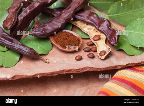 Carob Organic Carob Pods With Seeds And Leaves On Tree Bark Table