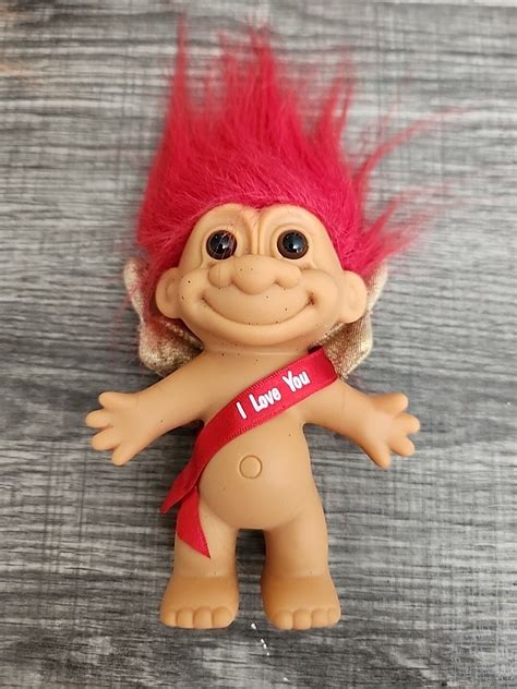 Vintage Russ I Love You Cupid Troll Doll With Gold Wings And Red Hair