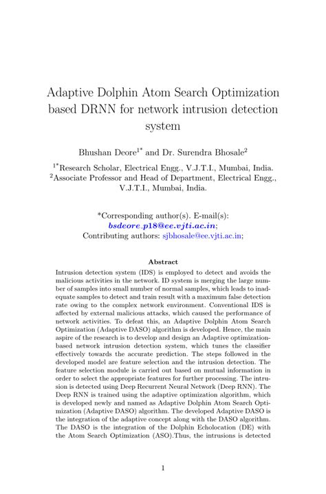 Pdf Adaptive Dolphin Atom Search Optimization Based Drnn For Network Intrusion Detection System