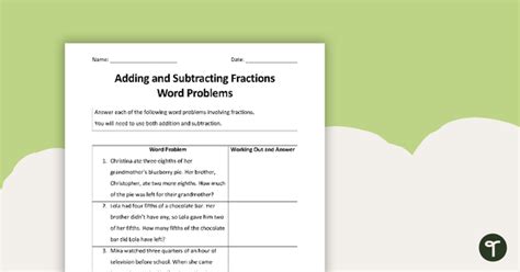 Adding And Subtracting Fractions Worksheets Teach Starter