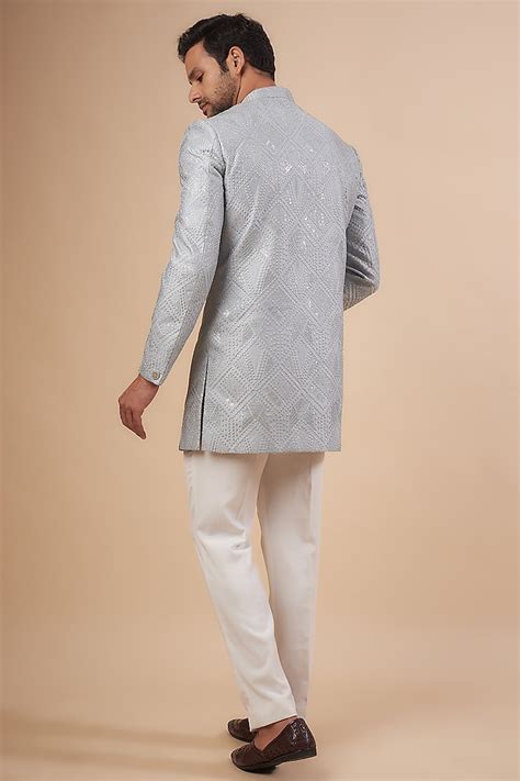 Grey Satin Geometric Thread Embroidered Wedding Sherwani Set By Sven