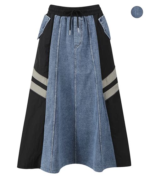 비엔엑스 스포티 데님 배색 밴딩 플레어 롱 스커트 Bw3sk001l0