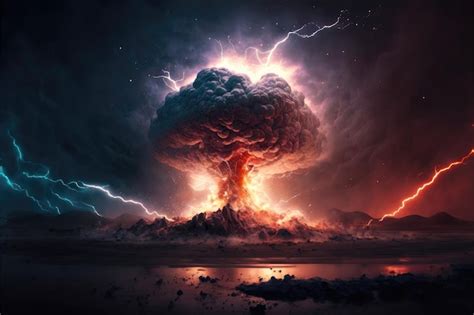 Premium Ai Image Powerful Explosion With Lightning And Smoke At Night