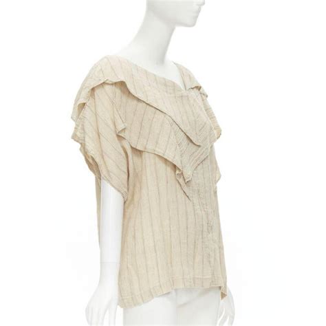 Issey Miyake 1980s Vintage Beige Striped Linen Waterfall Ruffle Top S