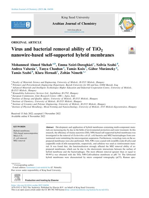Pdf Virus And Bacterial Removal Ability Of Tio2 Nanowire Based Self Supported Hybrid Membranes