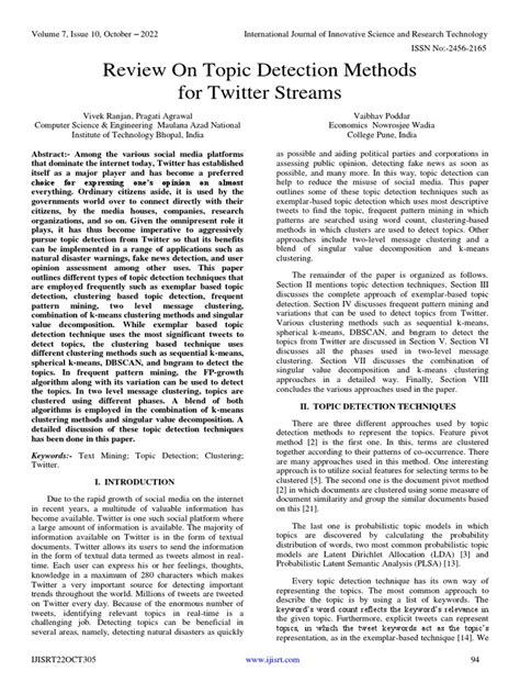 Review On Topic Detection Methods For Twitter Streams Pdf Cluster