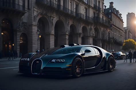 Premium Ai Image Sleek Bugatti Veyron Supercar In A Bustling Cityscape With Traditional