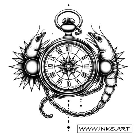 Tattoo Design Sundial Watch Sun And Moon Shrimp Style Blackwork