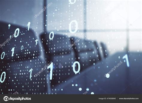 Double Exposure Of Abstract Virtual Binary Code Hologram On A Modern Meeting Room Background