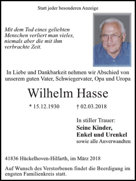 Traueranzeigen Von Wilhelm Hasse Aachen Gedenkt