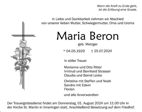 Traueranzeigen Von Maria Beron Schwaebischede Trauerportal