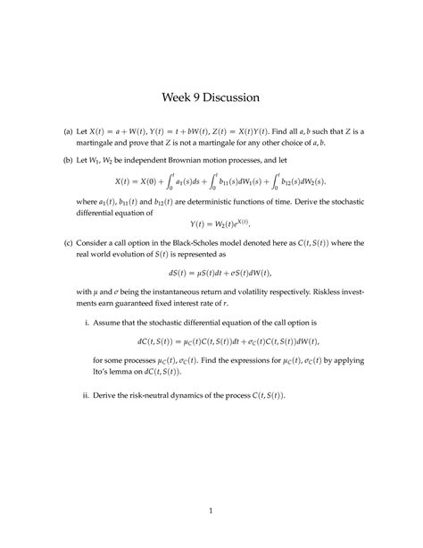 Week 9 Discussion Question Stochastic Calculus And Derivative Pricing Week 9 Discussion A