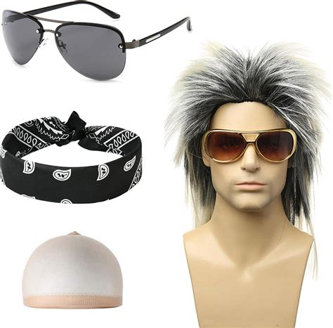 Hifot Rockstar 80s Fancy Dress Men 3pcs Mullet Wig For Men With Black