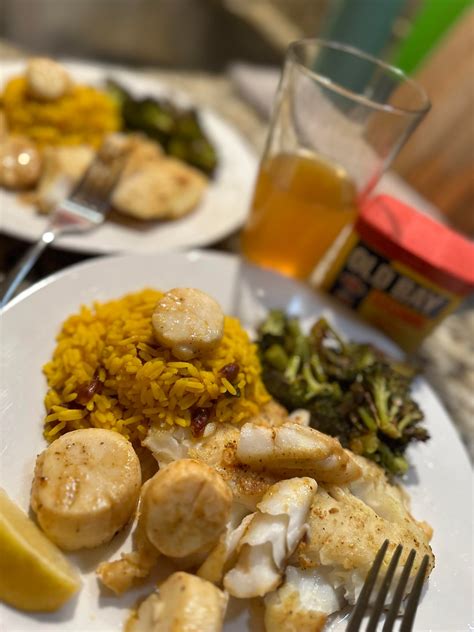 Cod And Scallops With Old Bay Seasoning Bonus Pic Of The “black And Blue ” R Tonightsdinner