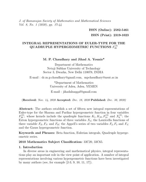 Pdf Some Integral Representations Of Euler Type For The Quadruple