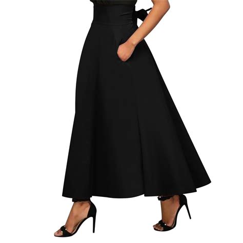 Sincerex High Waist Skirt With Pockets Ladies A Line Maxi Skirts Elegant Casual Skirts Office