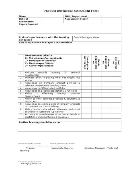 Product Knowledge Assessment Form Pdf